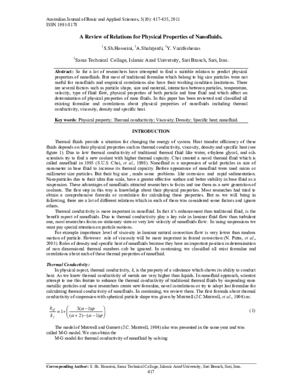 (PDF) A Review of Relations for Physical Properties of Nanofluids | Ali ...