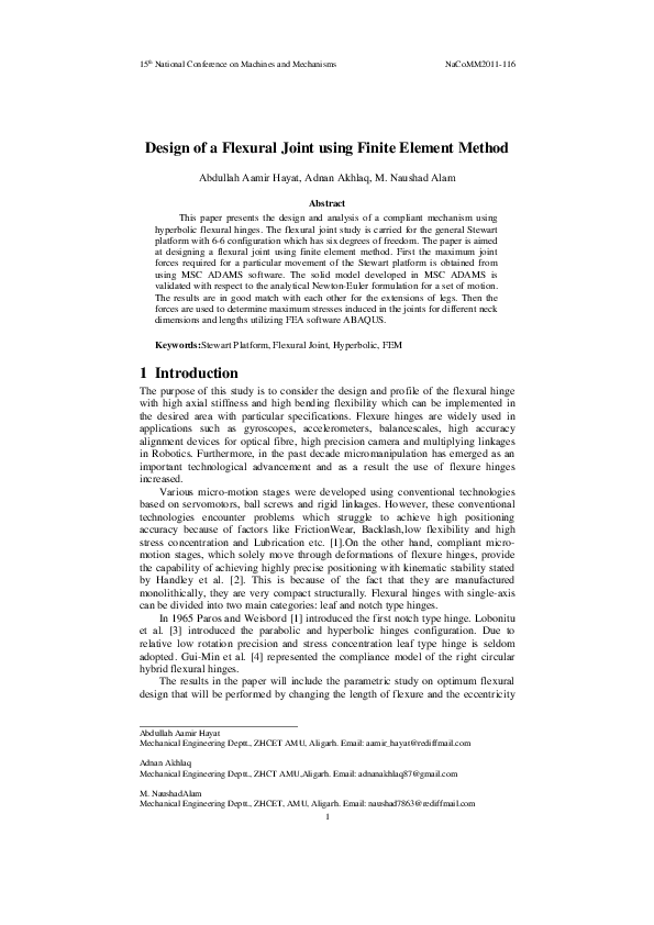 Pdf Design Of A Flexural Joint Using Finite Element Method