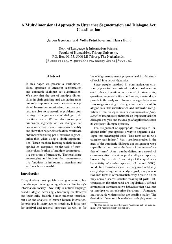 (PDF) A Multidimensional Approach to Utterance Segmentation and Dialogue Act Classification