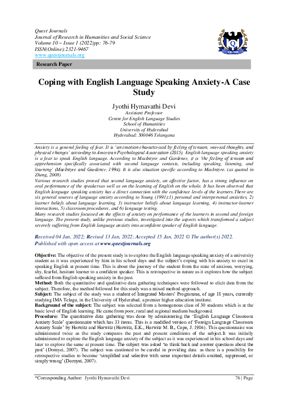 (PDF) Coping with English Language Speaking Anxiety-A Case Study