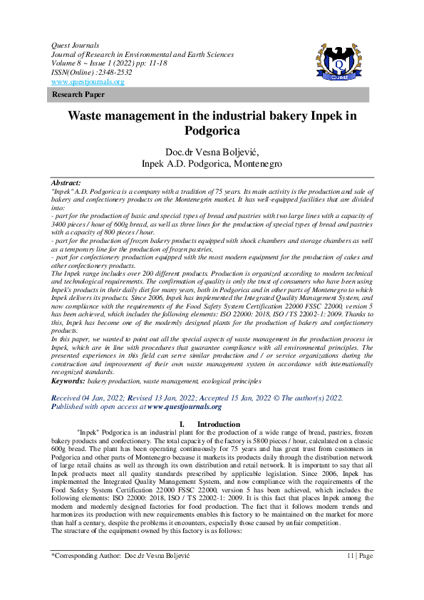 (PDF) Waste management in the industrial bakery Inpek in Podgorica