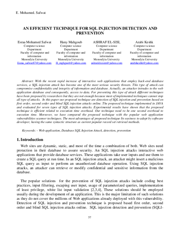 (PDF) An Efficient Technique for SQL Injection Detection and Prevention
