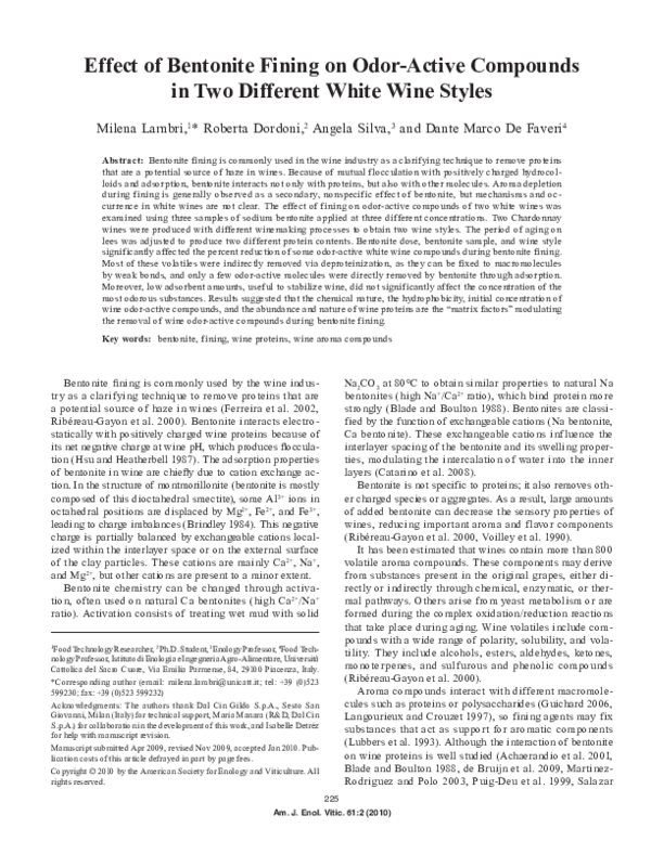 (PDF) Effect of Bentonite Fining on Odor-Active Compounds In Two ...