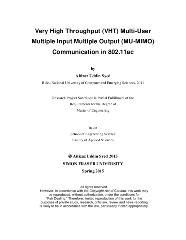 Pdf Very High Throughput Vht Multi User Multiple Input Multiple Output Mu Mimo