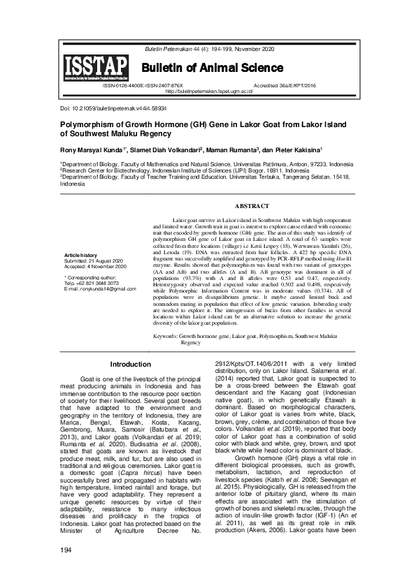 (PDF) Polymorphism of Growth Hormone (GH) Gene in Lakor Goat from Lakor ...
