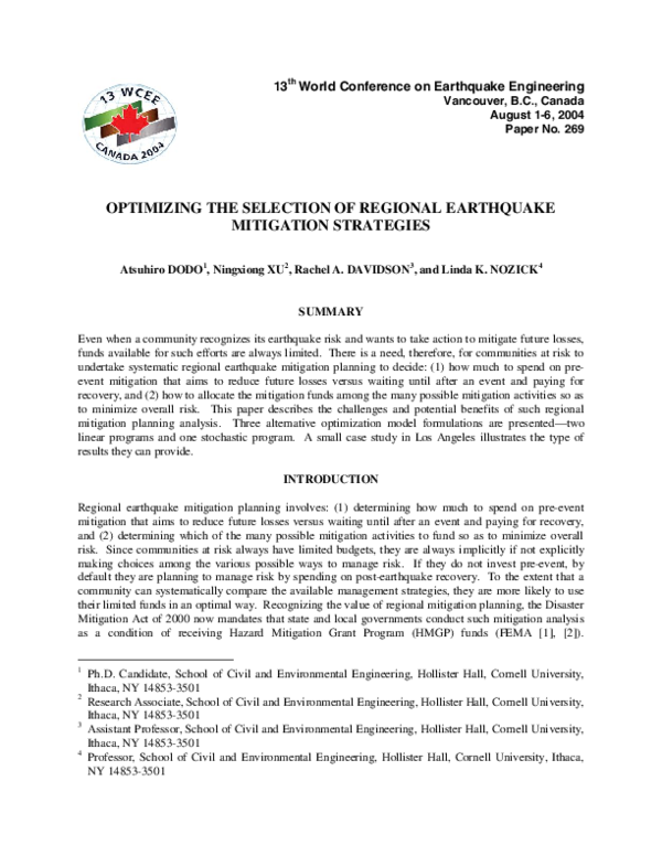 (PDF) Optimizing the Selection of Regional Earthquake Mitigation Strategies