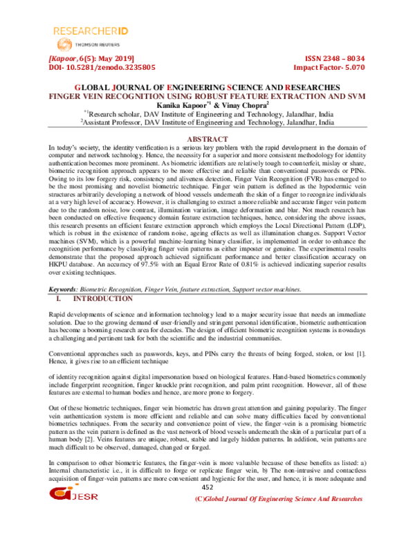 (PDF) Finger Vein Recognition Using Robust Feature Extraction and SVM