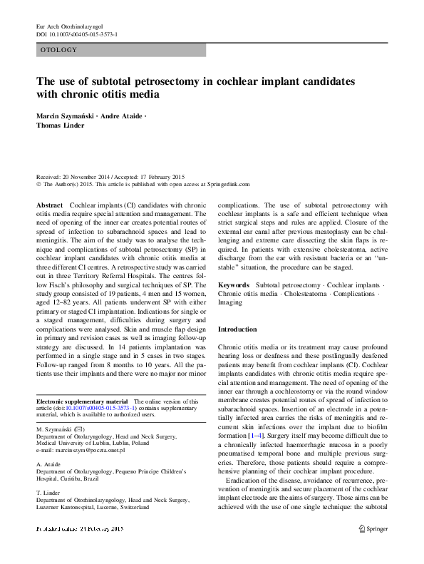 (PDF) The use of subtotal petrosectomy in cochlear implant candidates ...