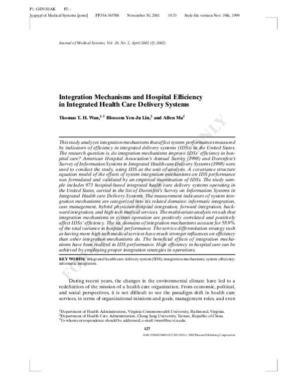 (PDF) Integration mechanisms and hospital efficiency in integrated ...