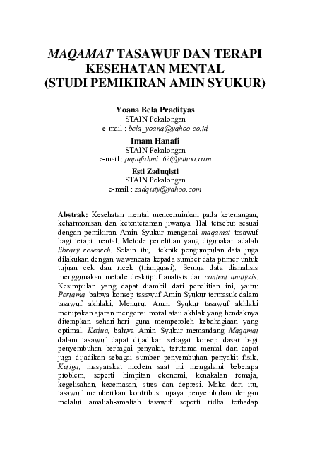 (PDF) Maqamat Tasawuf dan Terapi Kesehatan Mental (Studi Pemikiran Amin ...