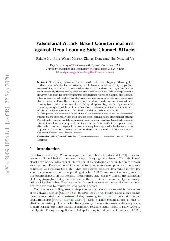 (PDF) Adversarial Attack Based Countermeasures against Deep Learning Side-Channel Attacks