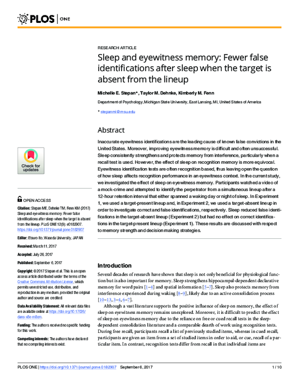 (PDF) Sleep and eyewitness memory: Fewer false identifications after ...