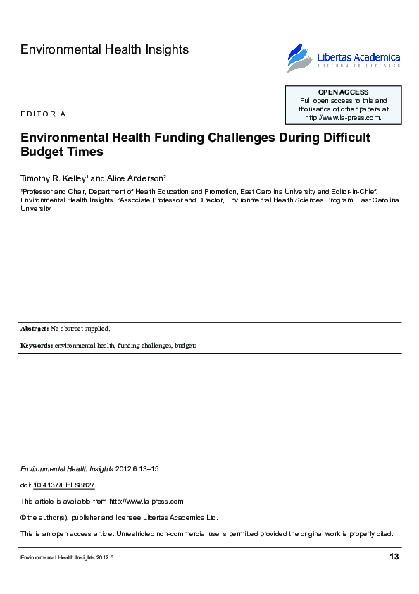 (PDF) Environmental Health Funding Challenges During Difficult Budget Times