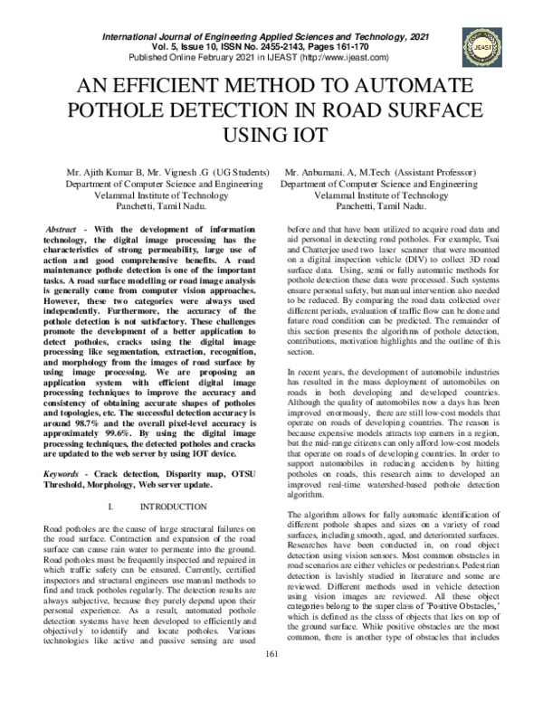 Pdf An Efficient Method To Automate Pothole Detection In Road Surface Using Iot