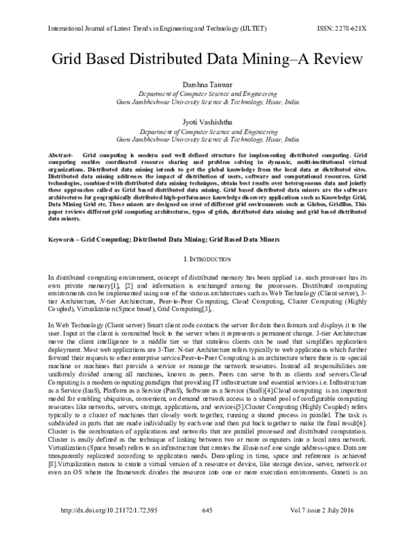 Pdf Grid Based Distributed Data Mininga Review Jyoti Vashishtha