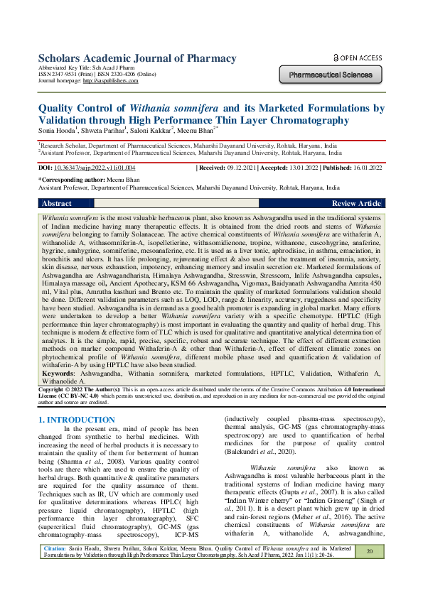 (PDF) Quality Control of Withania somnifera and its Marketed Formulations by Validation through ...