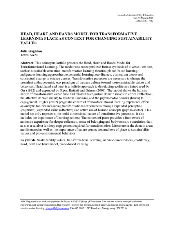 (PDF) Head, Heart and Hands Model for Transformative Learning: Place as ...