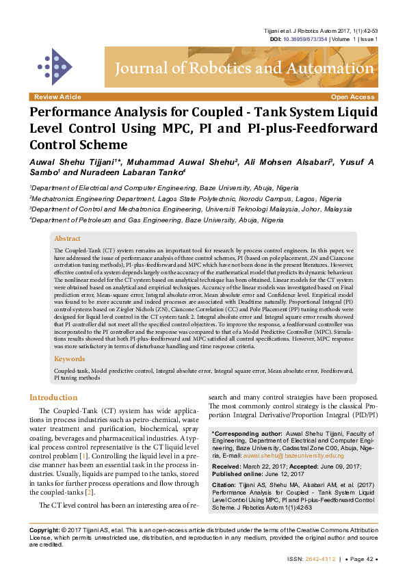 (PDF) Performance Analysis for Coupled - Tank System Liquid Level Control Using MPC, PI and PI ...