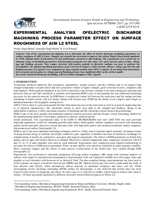(PDF) Experimental Analysis Ofelectric Discharge Machining Process Parameter Effect on Surface ...