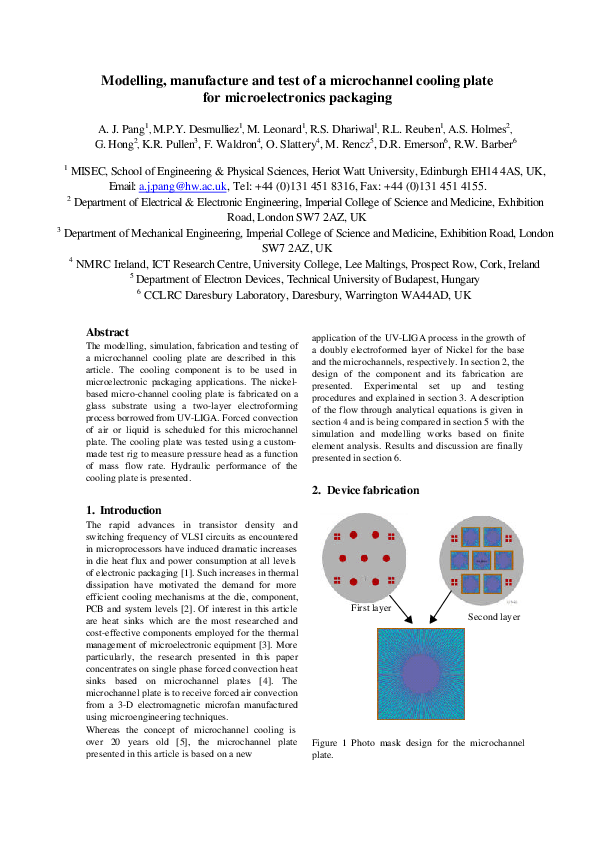 (PDF) Modelling , manufacture and test of a microchannel cooling plate ...
