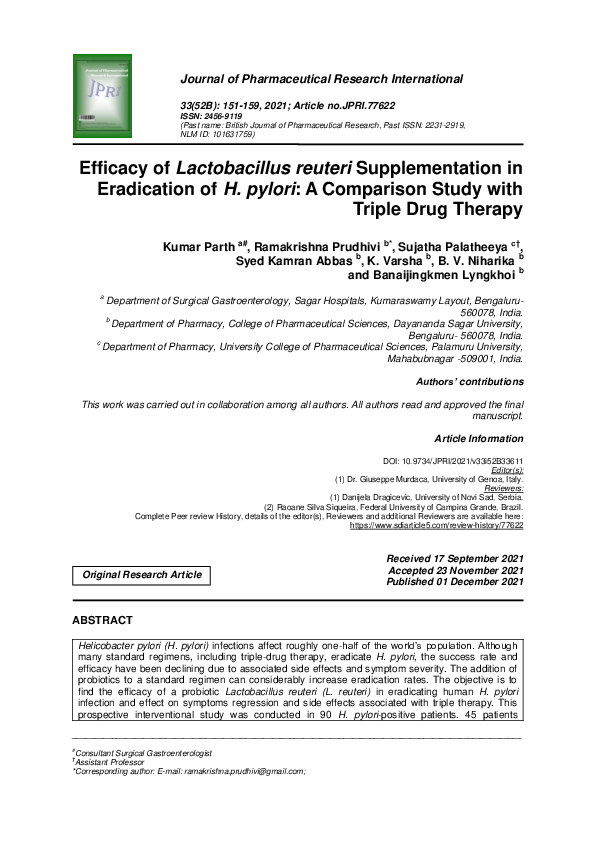 (PDF) Efficacy of Lactobacillus reuteri Supplementation in Eradication of H. pylori: A ...