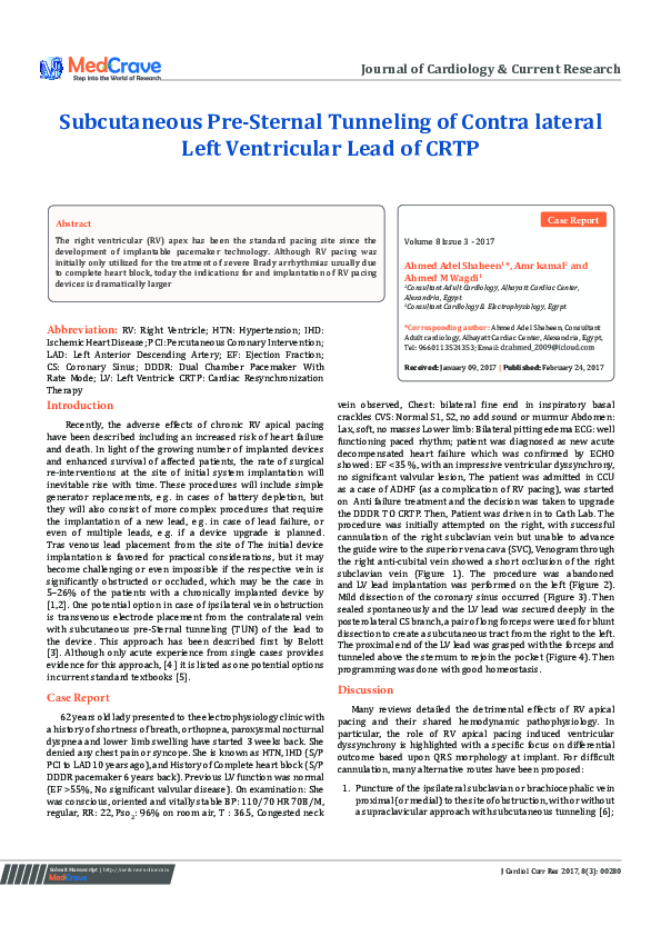 (PDF) Subcutaneous Pre-Sternal Tunneling of Contra lateral Left ...