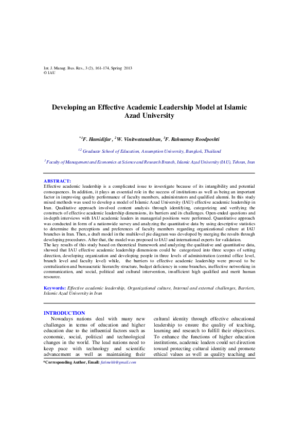(PDF) Developing an Effective Academic Leadership Model at Islamic Azad ...