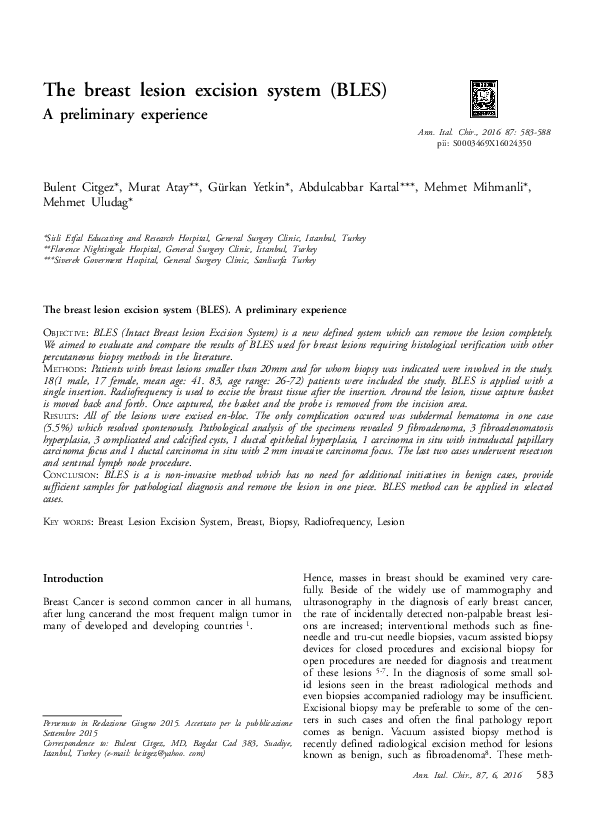 (PDF) The breast lesion excision system (BLES) A preliminary experience