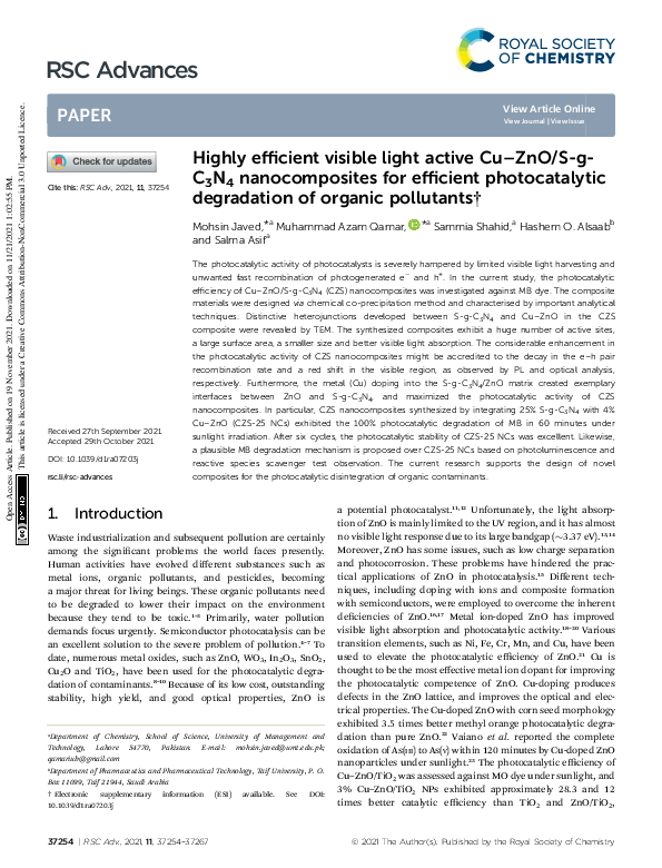 Pdf Highly Efficient Visible Light Active Cuznos G C3n4