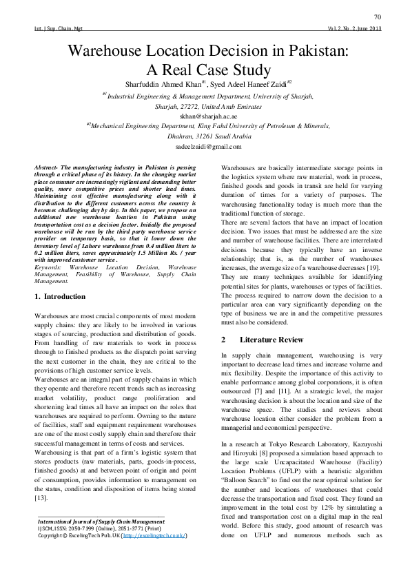 (PDF) Warehouse Location Decision in Pakistan: A Real Case Study