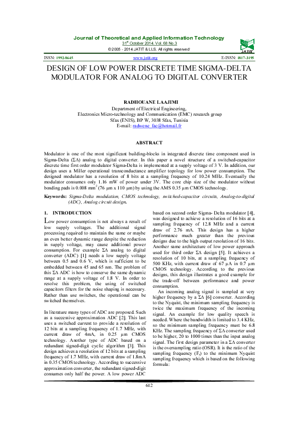 (PDF) Design of Low Power Discrete Time Sigma-Delta Modulator for ...