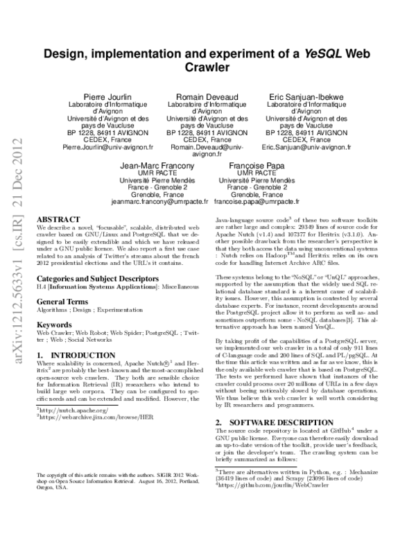 (PDF) Design, implementation and experiment of a YeSQL Web Crawler