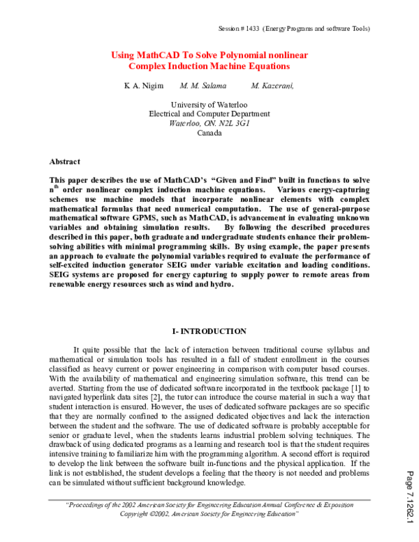 (PDF) Using Mathcad To Solve Polynomial Nonlinear Complex Induction ...