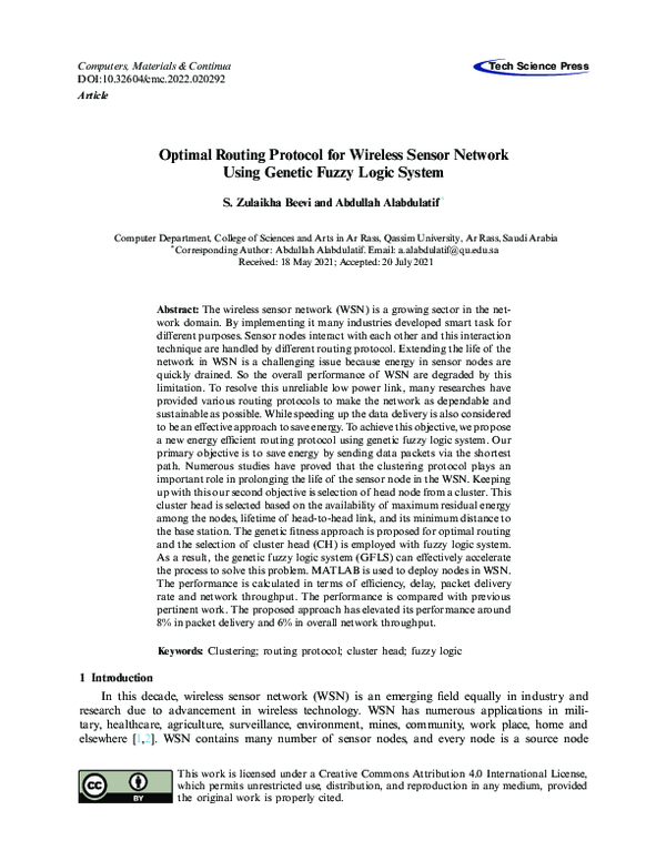 (PDF) Optimal Routing Protocol for Wireless Sensor Network Using Genetic Fuzzy Logic System