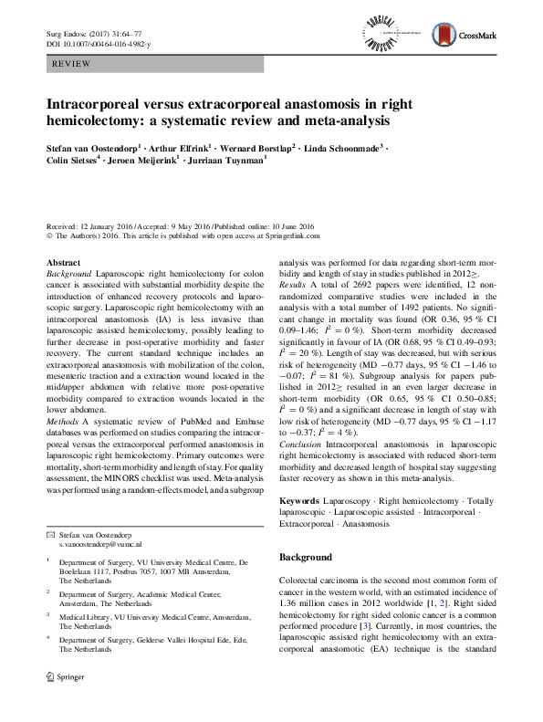 (PDF) Intracorporeal versus extracorporeal anastomosis in right hemicolectomy: a systematic ...