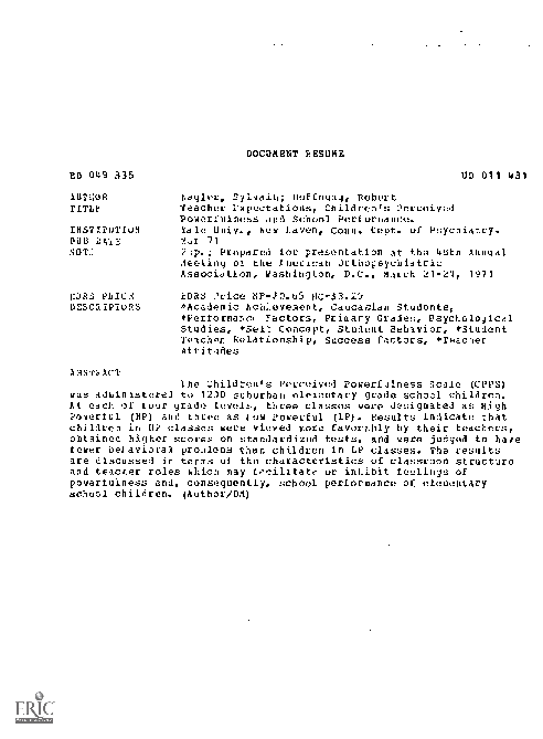 (PDF) Teacher Expectations, Children's Perceived Powerfulness and ...