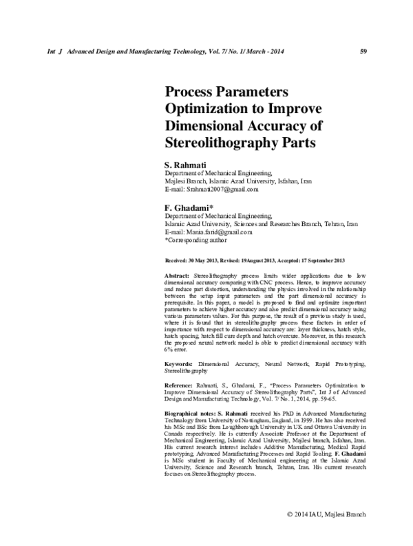 (PDF) Process Parameters Optimization to Improve Dimensional Accuracy of Stereolithography Parts