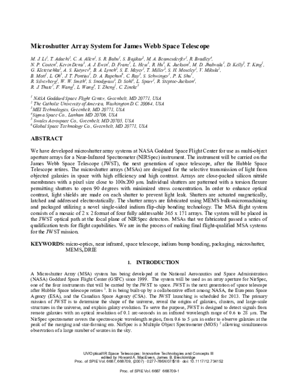 (PDF) Mems Microshutter Array System for James Webb Space Telescope