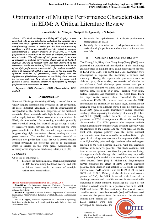 (PDF) Optimization of Multiple Performance Characteristics in EDM: A Critical Literature Review
