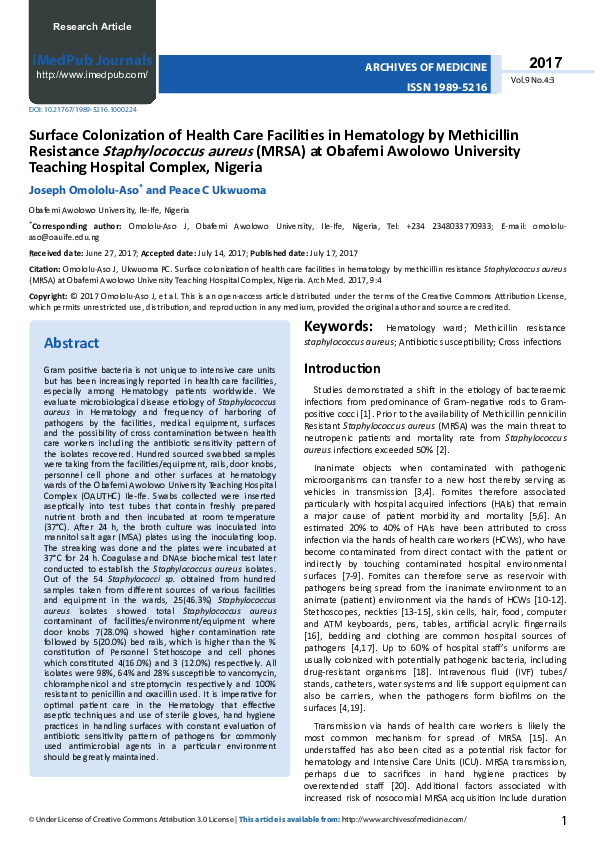 (PDF) Surface Colonization of Health Care Facilities in Hematology by ...