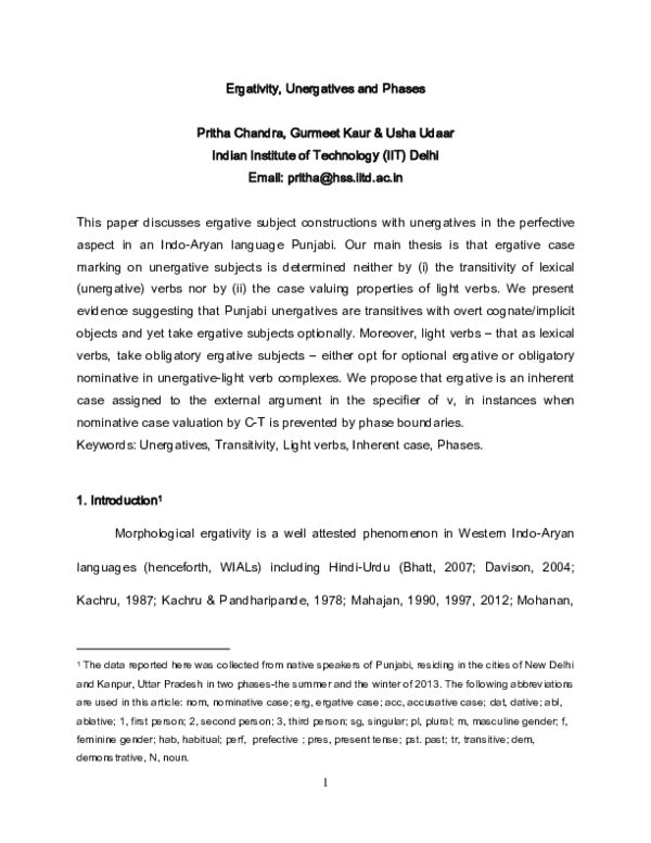 (PDF) Ergativity, Unergatives and Phases