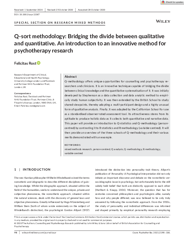 (PDF) Q‐sort methodology: Bridging the divide between qualitative and ...