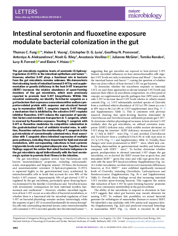 (PDF) Intestinal serotonin and fluoxetine exposure modulate bacterial ...