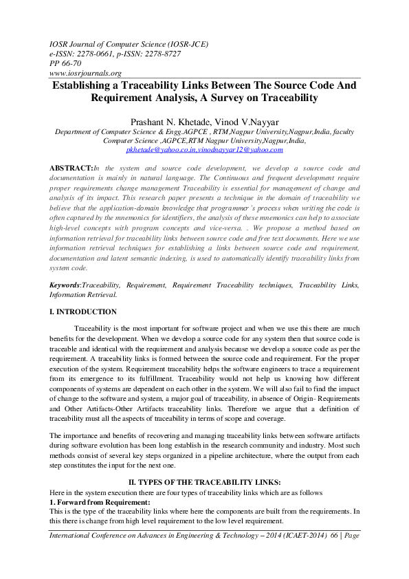 (PDF) Establishing a Traceability Links Between The Source Code And Requirement Analysis, A ...