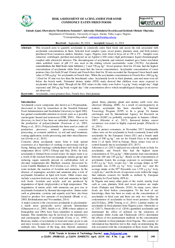 (PDF) Risk Assessment of Acrylamide for Some Commonly Eaten Fried Foods