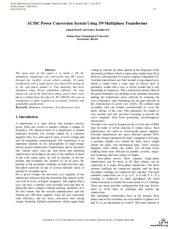 (PDF) AC/DC Power Conversion System Using 3/9 Multiphase Transformer