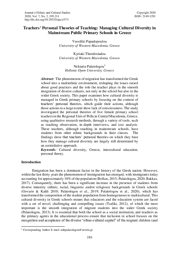 (PDF) Teachers’ personal theories of teaching: managing cultural ...