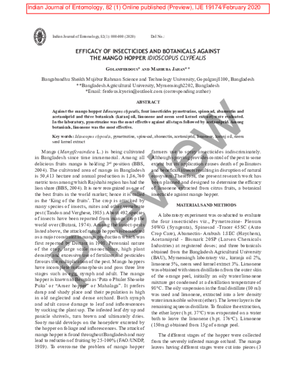 (PDF) Efficacy of insecticides and botanicals against the mango hopper ...