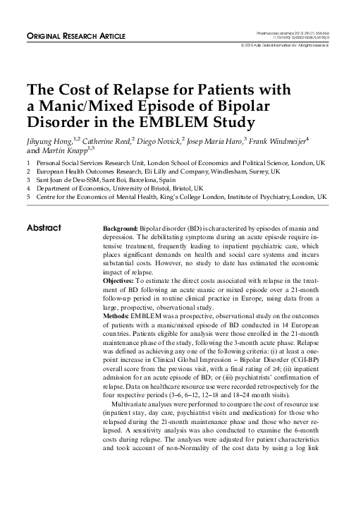 (PDF) The Cost of Relapse for Patients with a Manic/Mixed Episode of ...