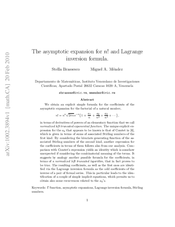 (PDF) The asymptotic expansion for n! and the Lagrange inversion formula